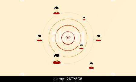 Abstract wifi icon spreading signal among icons of people. Motion ...