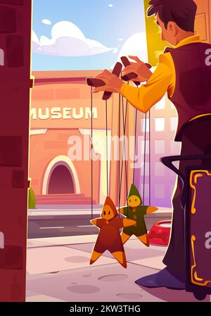 Marionettes theatre cartoon background with puppeteer creating conflict ...