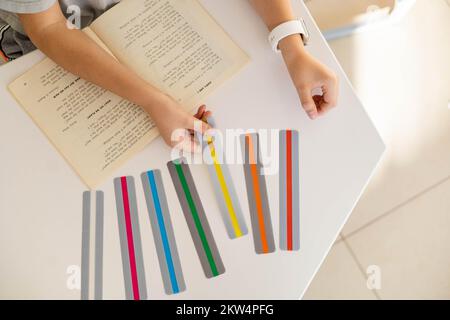 Khabarovsk, Russia, October 28, 2022. Choose colored stripes rulers ...