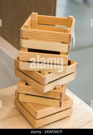 Wooden empty crate box for sale in a market Stock Photo - Alamy