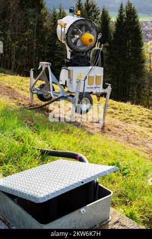 Mobile propeller gun, snow gun, Allgäu Alps, Allgäu, Bavaria, Germany ...