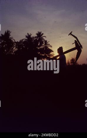 Farmer Returning Home at Dusk, With His Farm Equipment Plough ...