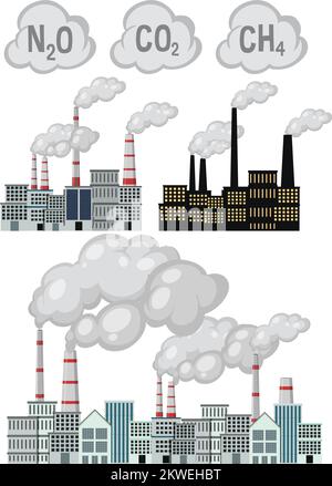 Vector cartoon illustration of a factory releasing pollution, impacting ...