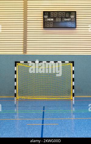Interior of a sport hall for soccer or handball, corner of futsal court ...