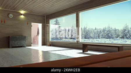 A modern sauna room with lovely view, 3D illustration Stock Photo - Alamy