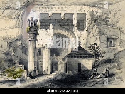 Entrance to the Buddhist cave- temples at Karli (or Karla), among the ...