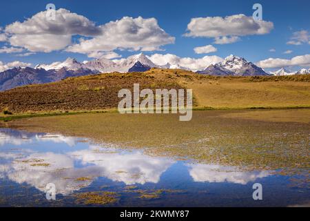 Wilcacocha lake reflection in Cordillera Blanca, snowcapped Andes ...