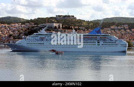 The British Cruise ship Thomson Majesty is seen anchored in front of ...