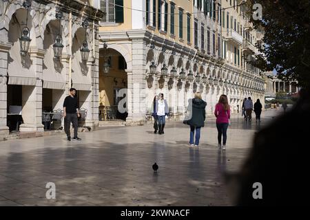 Corfu Island Greece, Liston Square Old Town With People Walkin On ...