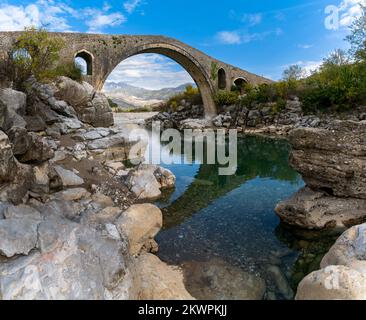 the Mesi bridge in Mes, near Shkoder. An old stone bridge built by the ...