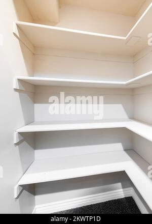 Vertical Narrow windowless walk-in closet with shelves and metal rods ...