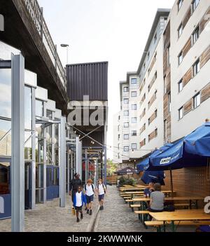 Beer hall facade and outdoor seating. Camden Town Beer Hall, London ...