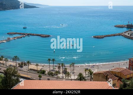 Menton, France - 07-07-2021: Aerial view of the beach of Menton Stock ...