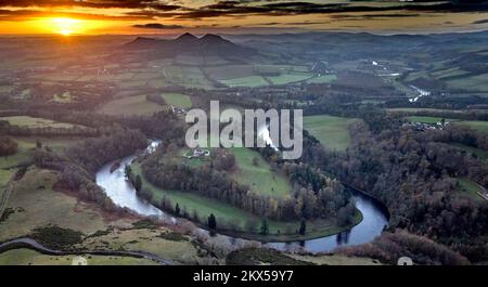 Aerial view of the sunset by The Eildons on a crisp November evening in ...