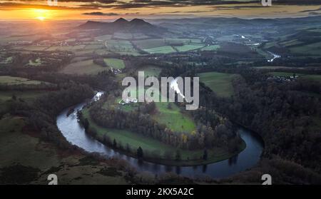 Aerial view of the sunset by The Eildons on a crisp November evening in ...