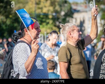 Bucharest, Romania - October 2022: Senior man holding the romanian ...