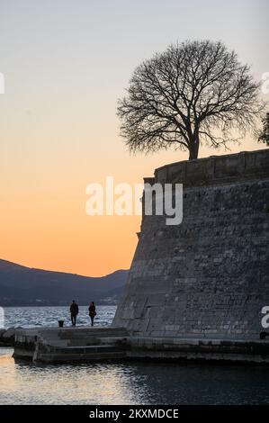 Photo taken on Februray 28, 2021 shows the view of sunset in Zadar ...