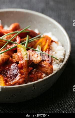 Textured vegetable protein (TVP) with a spicy Chinese plum sauce with ...