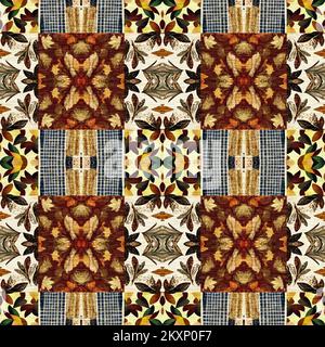 Autumn leaf quilt style vintage seamless pattern. Homely cottage core ...