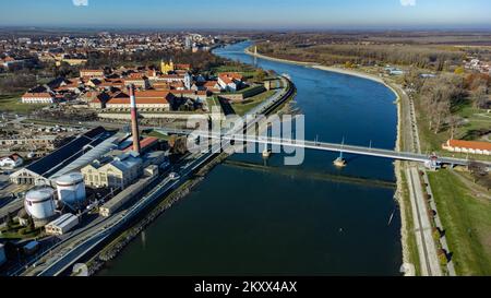 Aerial view of the Osijek Fortress and bridge over the Drava River in ...