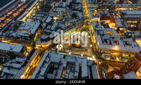 Aerial photo at dusk of the old part of the city of Osijek covered with ...
