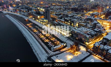 Aerial photo at dusk of the old part of the city of Osijek covered with ...