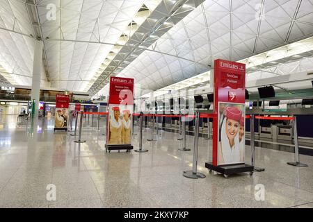 Emirates airline check in desk seen at London Stansted Airport Stock ...