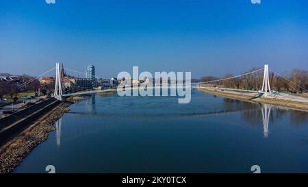 Aerial view of the famous Osijek pedestrian bridge, which is currently ...