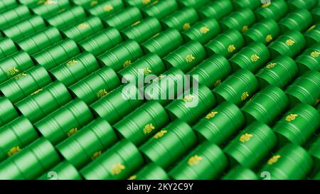 Many green biofuel barrels or biodiesel drums shot from top ...