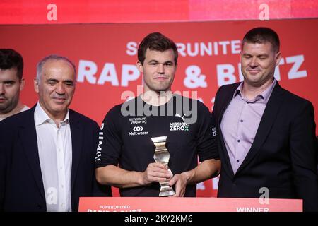 Norwegian Magnus Carlsen during the awards ceremony of Grand Chess Tour ...