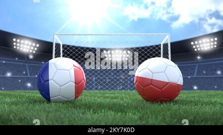 Football with France vs. Poland 3D ball soccer flags on green football ...