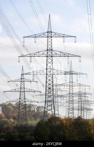 High voltage pylons, overhead lines, with warning coating for air ...