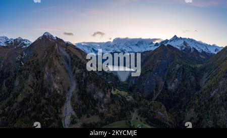 Aerial view of the Lago di Luzzone reservoir in the Valle di Blenio in ...