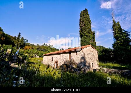 Secluded location, Asomatos Monastery, Half decayed, Chapel, Cypress ...
