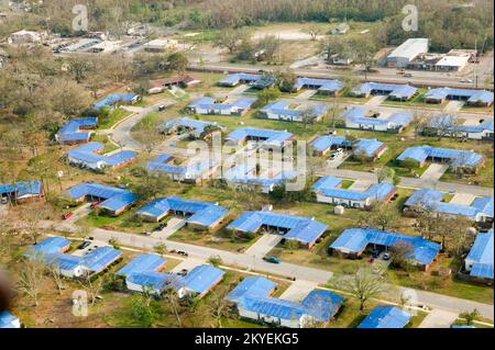 Aerial view of blue FEMA tarps on houses in the wake of Hurricane ...