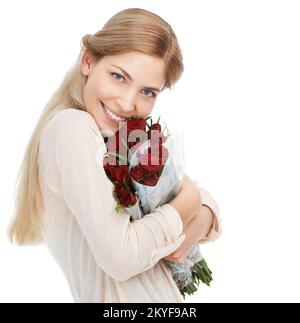 Lady with bouquet of red roses against pink background Stock Photo - Alamy