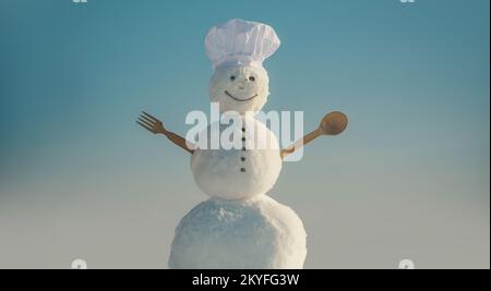 Winter banner. Snowman cook chef on the snow outdoor background ...