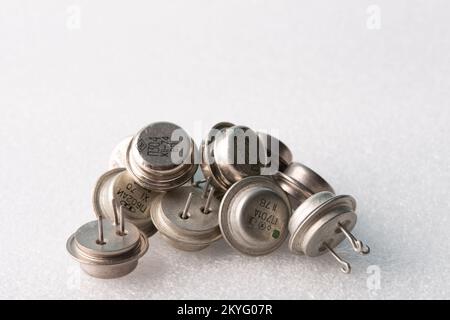 Old semiconductor transistors from Soviet technology on a white ...