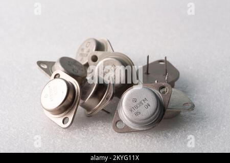 Old semiconductor transistors from Soviet technology on a white ...