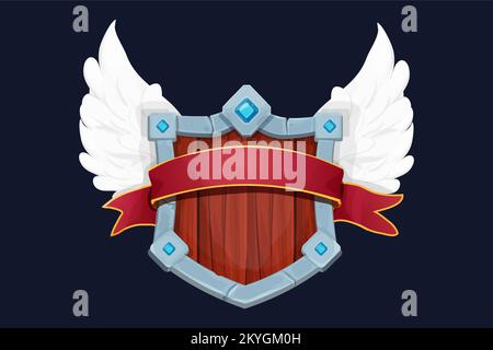 Stone and wooden victory shield with wings, medieval with gemstones and ...