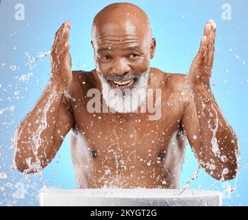 Water splash, senior black man and beauty with face and portrait, hydration and hygiene, healthy ...