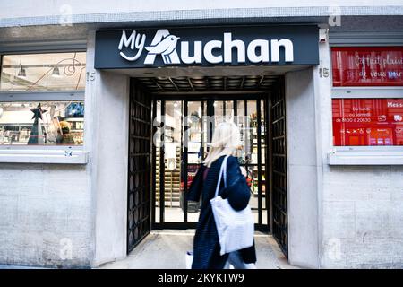 Illustration picture shows the sign of a Auchan store with the logo of ...