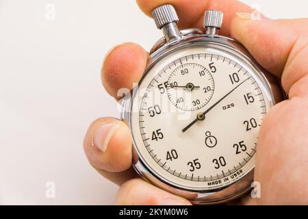 Old antiquary timer clock and humans hand, white background Stock Photo ...