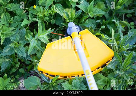 Green grass moving with hand trimmer, the end of unit with two line ...