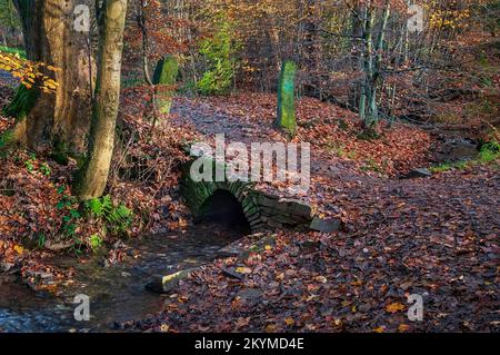 Ancient packhorse bridge with sandstone gateposts on the old 'London ...