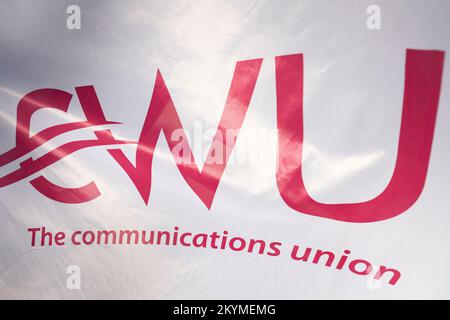 A CWU banner at the picket line outside Mount Pleasant Mail Centre ...