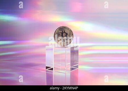 Golden bitcoin coin on holographic, abstract, neon background. digital ...