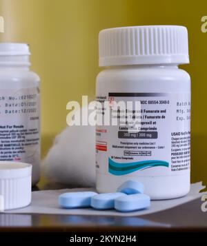 A bottle of tenofovir drug , with USAID label. Tenofovir DF is drug ...