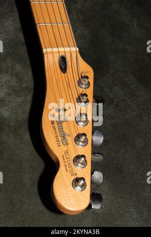 Close up of Fender Telecaster electric guitar headstock with vintage ...