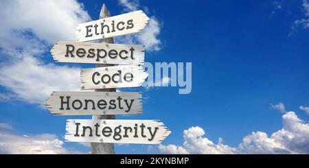 Ethics, respect, code, honesty, integrity - outline signpost with five ...
